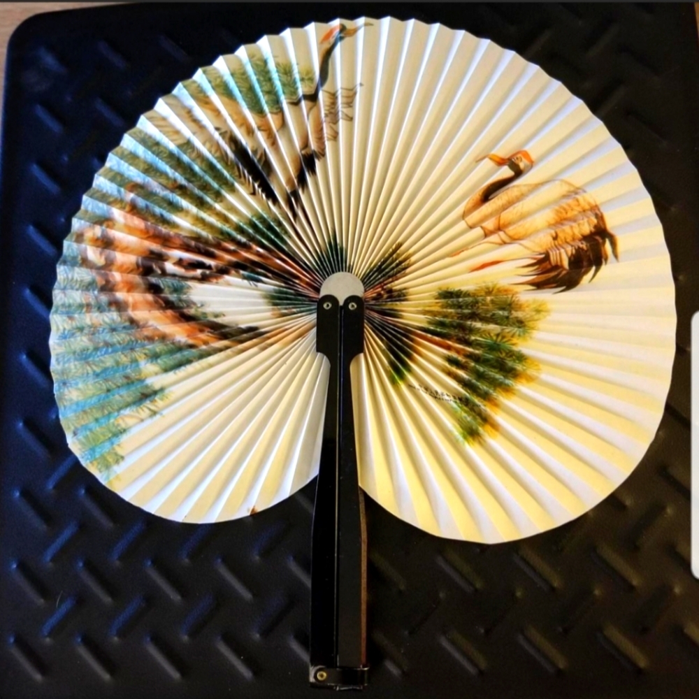 Vintage Chinese Flamingo Hand Fold Up Fan - Gem